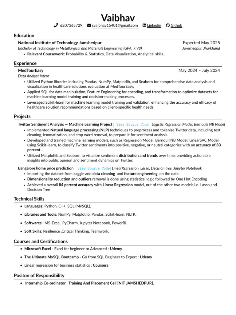 Vaibhav Resume Data Science | PDF