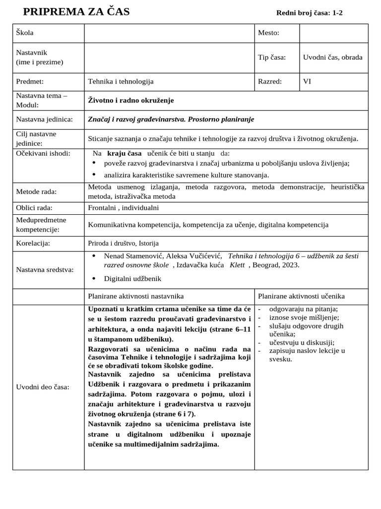 Priprema Za Čas 1-2 - Pojam I Znacaj Gradjevinarstva. Prostorno ...