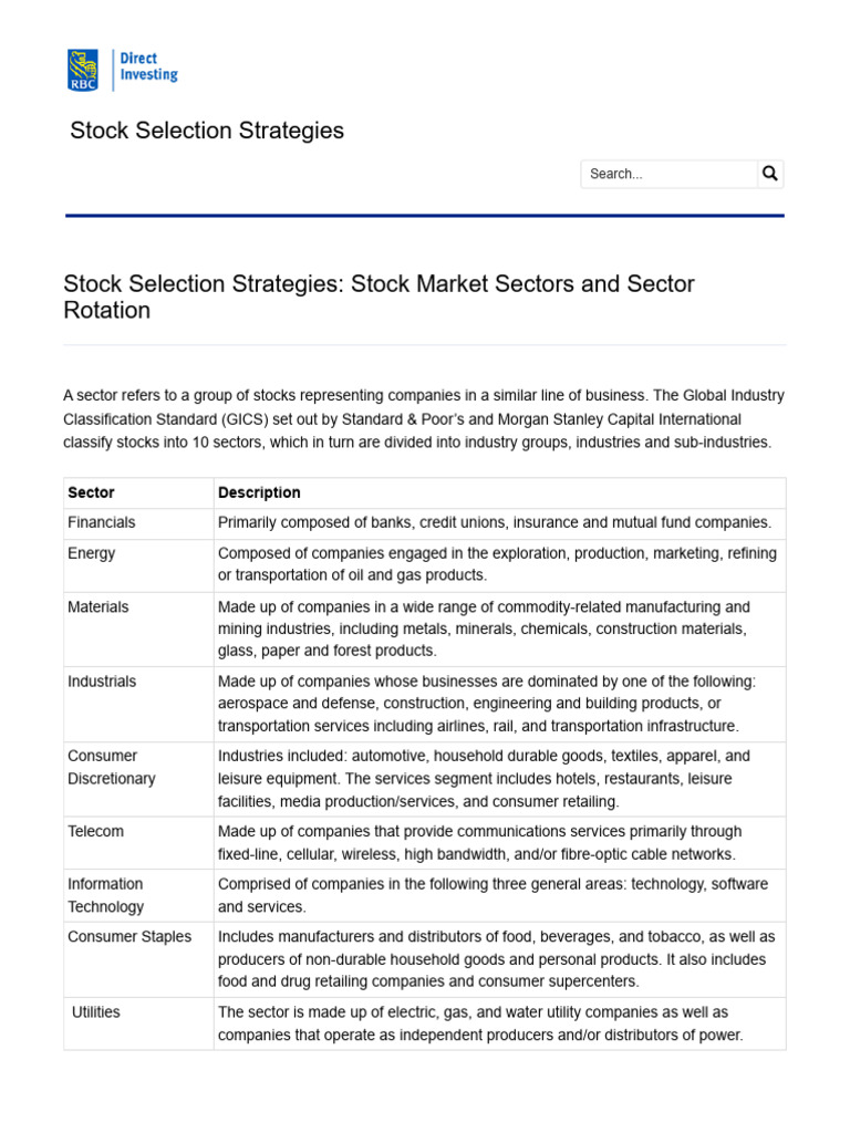 Stock Selection Strategies - Stock Market Sectors and Sector Rotation | PDF