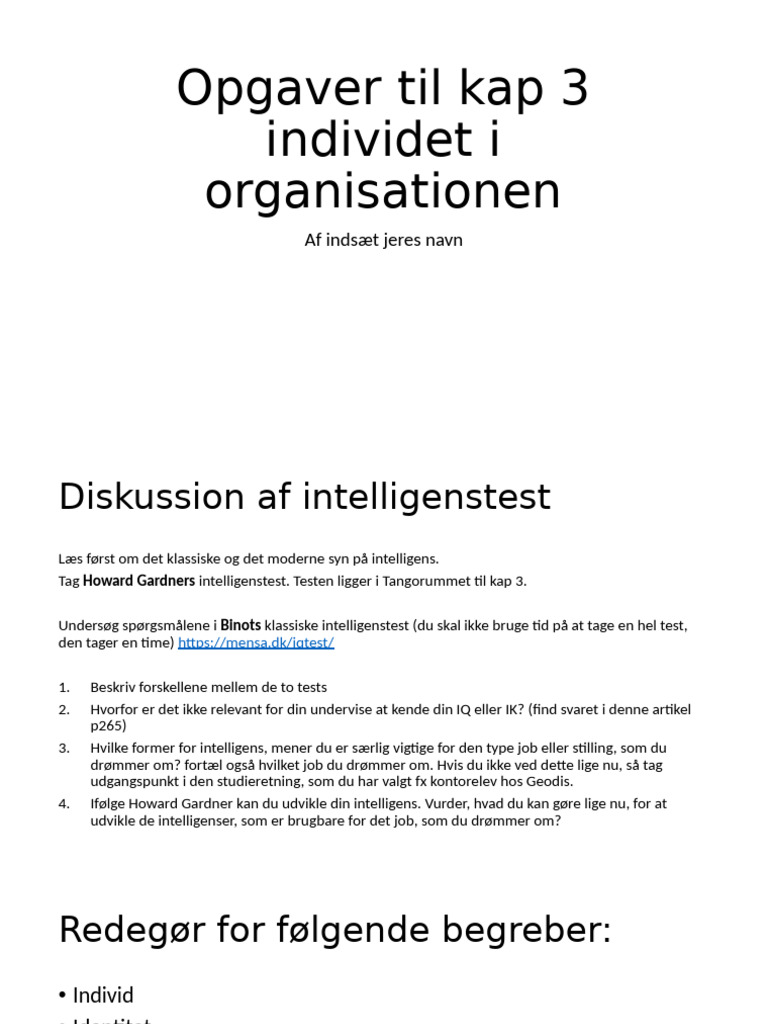 Opgaver Til Kap 3 Individet I Organisationen | PDF