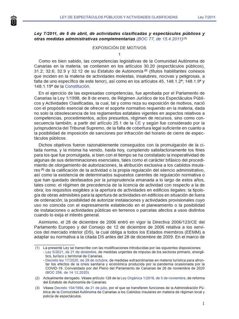 Ley 7:2011, de 5 de Abril, de Actividades Clasificadas y Espectáculos ...