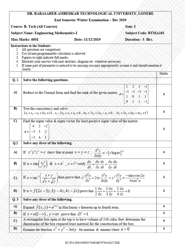 Btech 1 Year Engineering Mathematics 1 Btma101 Dec 2019 | PDF