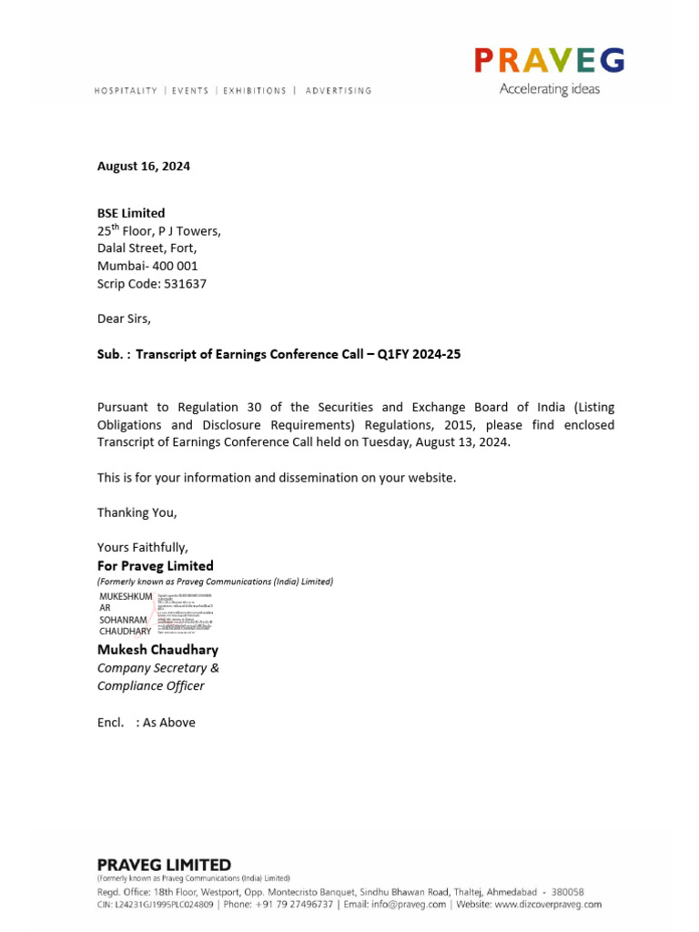 August 16, 2024: Sub.: Transcript of Earnings Conference Call - Q1FY ...
