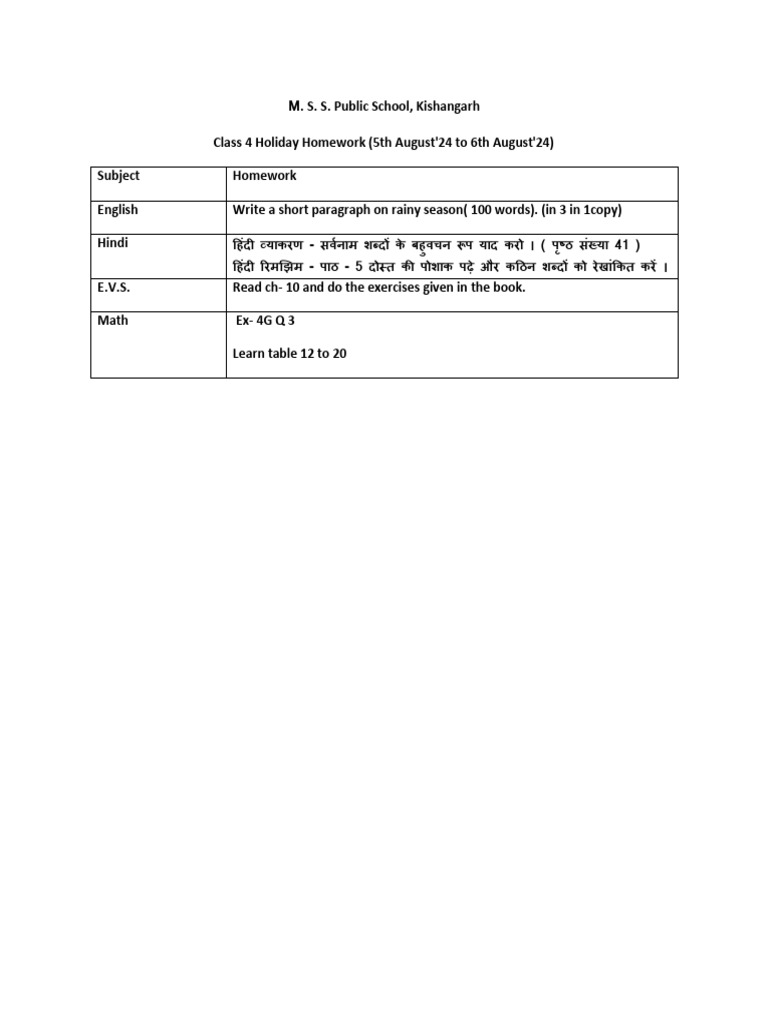 Class 4 Holiday Homework 5th and 6th August' 24 | PDF