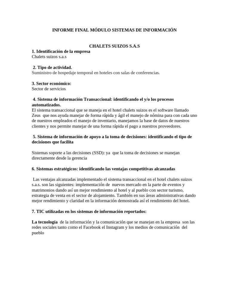 Informe Final Módulo Sistemas de Información | PDF