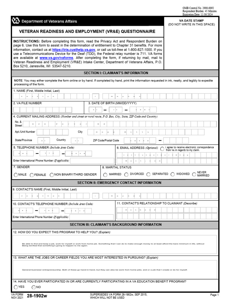 Veteran Readiness and Employment (Vr&E) Questionnaire: WWW - Va.gov ...