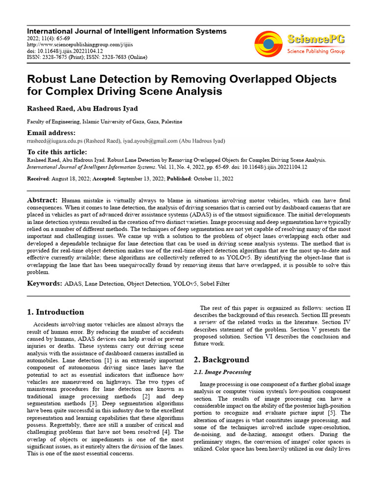 Robust Lane Detection by Removing Overlapped Objects Ijiis.20221104.12 | PDF