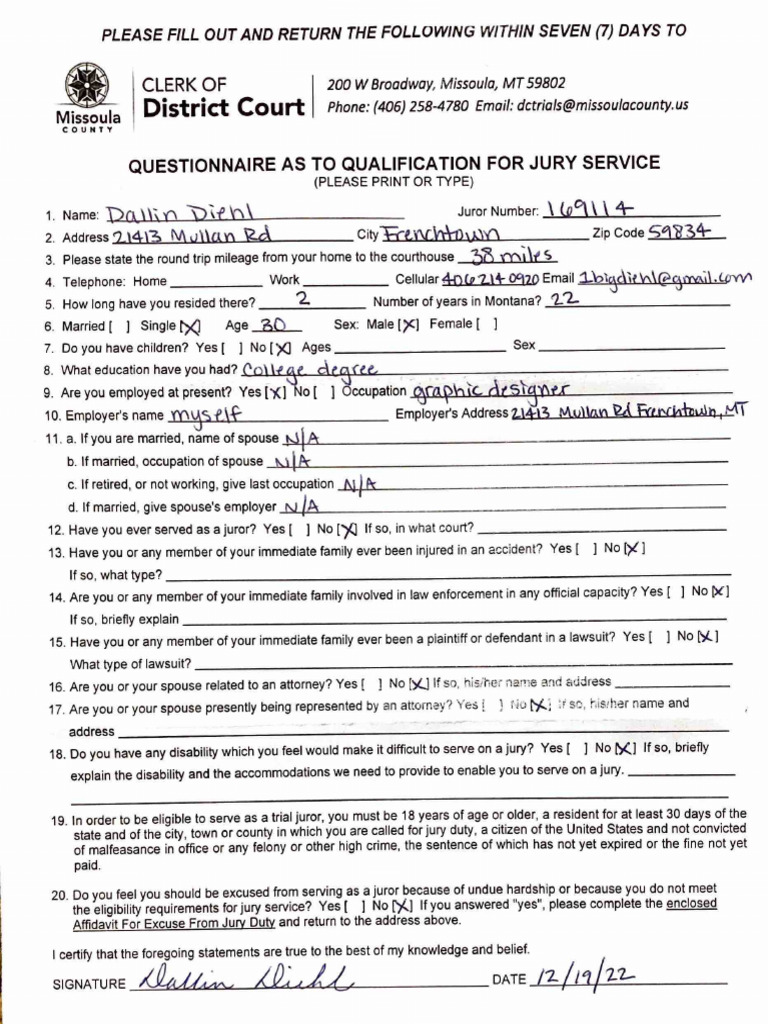 Juror 169114 Questionnaire | PDF