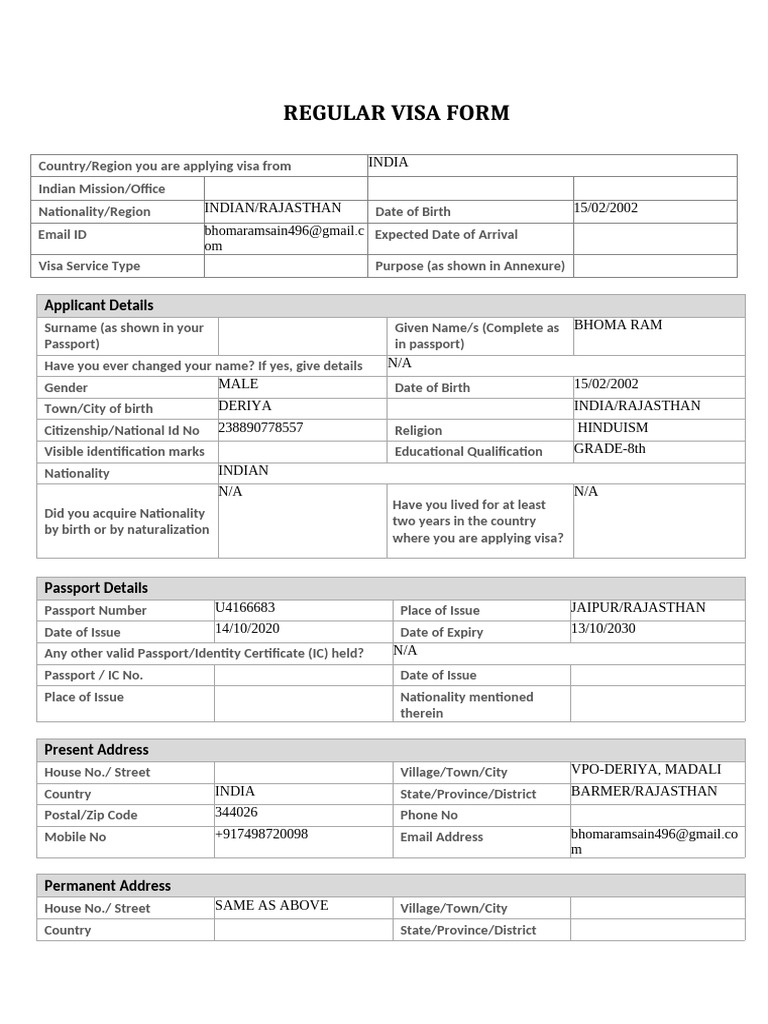 Regular Visa Form | PDF