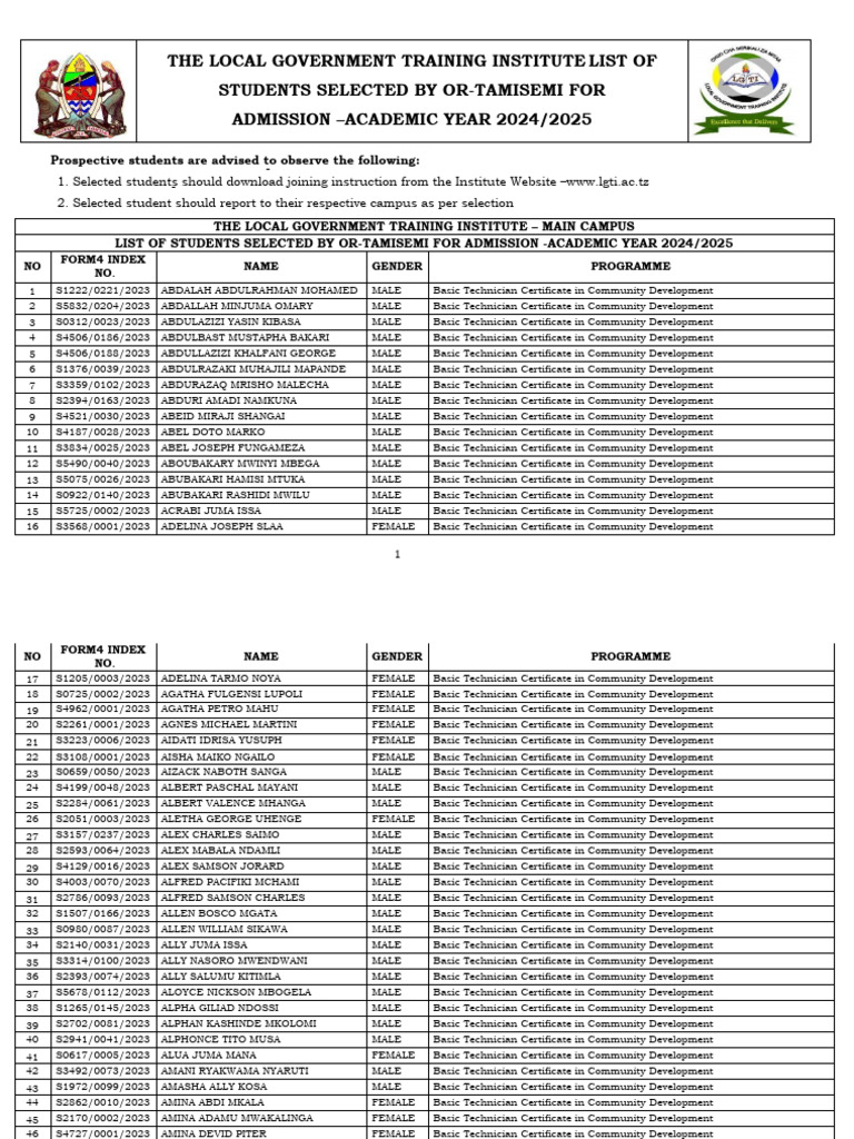 Selection From Tamisemi | PDF