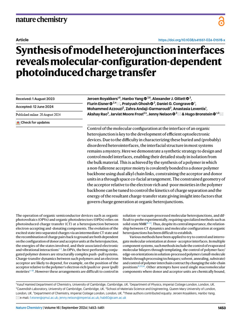 Synthesis of Model Heterojunction Interfaces Reveals Molecular ...