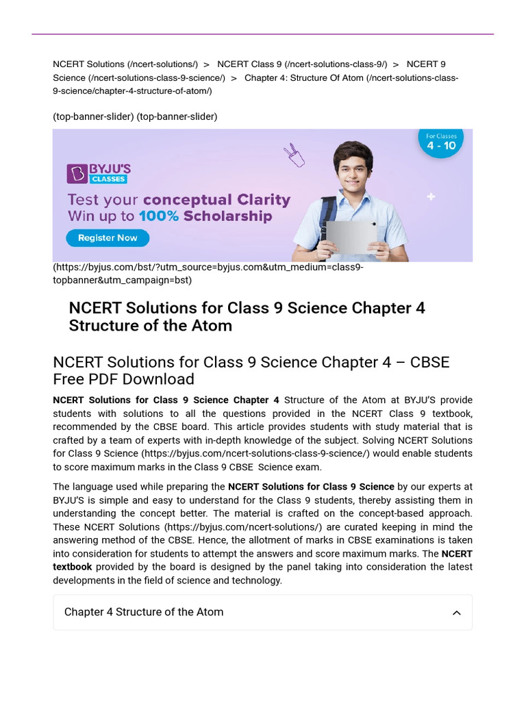 Ncert Solutions For Class 9 Science Chapter 4 Structure Of The Atoms Pdf