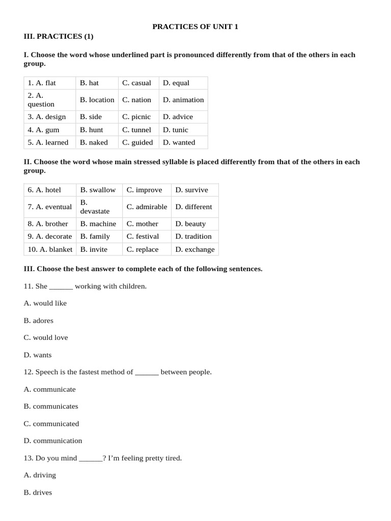 PRACTICES OF UNIT 1 (Student) | PDF