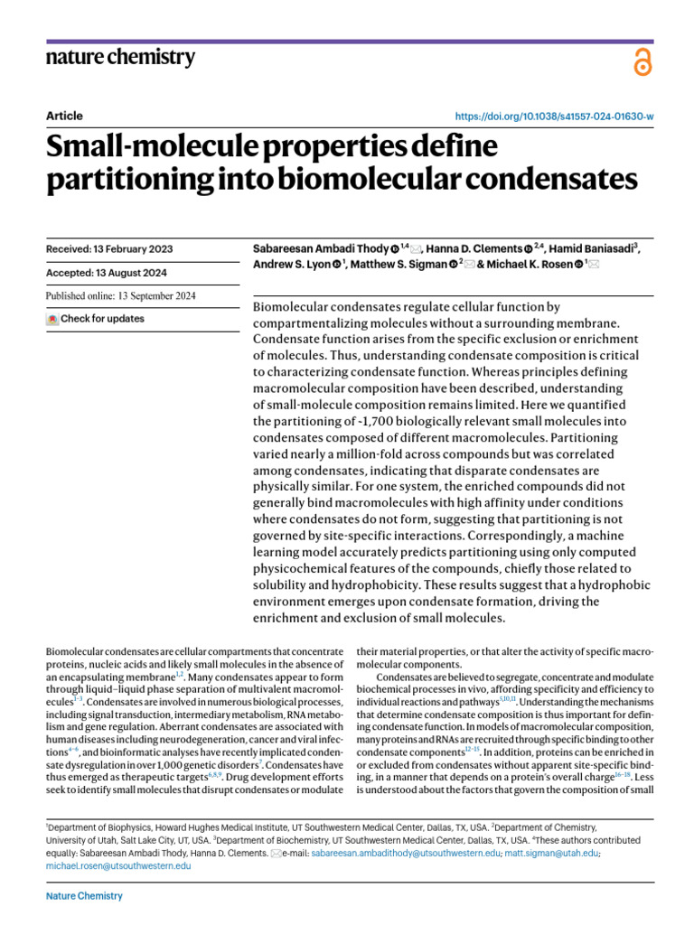 Small-Molecule Properties Define Partitioning Into Biomolecular ...
