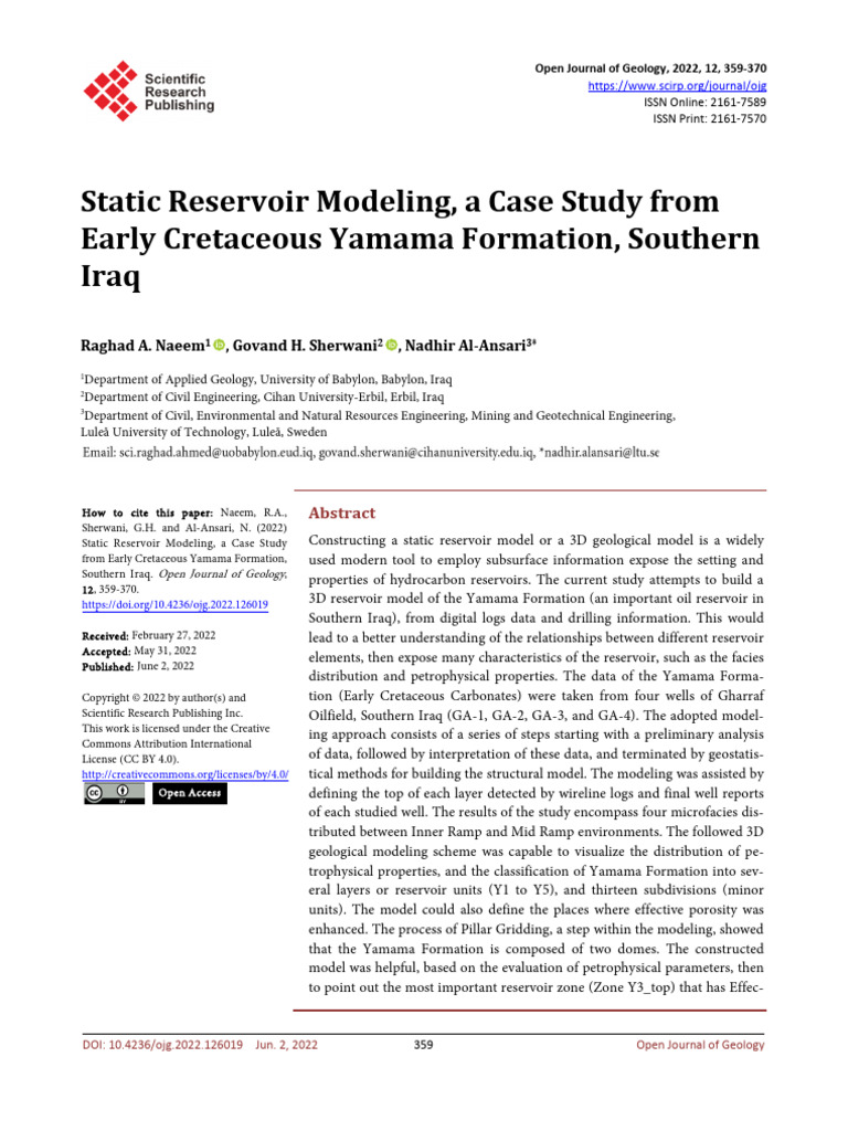 Static Reservoir Modeling, A Case Study From Early Cretaceous Yamama ... Static Reservoir Modeling, A Case Study From Early Cretaceous Yamama ...