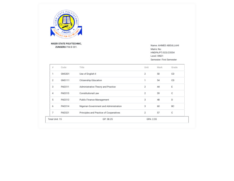 HNDPA - PT - 023 - 23554 - HND1 First Semester - Result | PDF