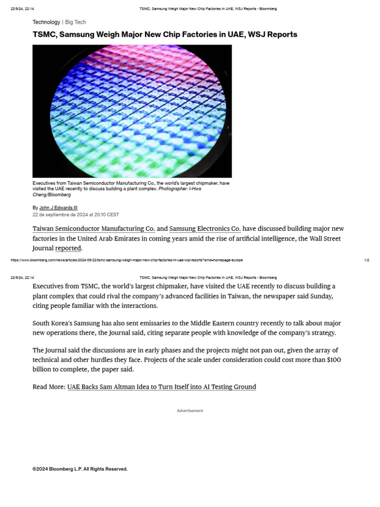 TSMC, Samsung Weigh Major New Chip Factories in UAE, WSJ Reports - Bloomberg | PDF