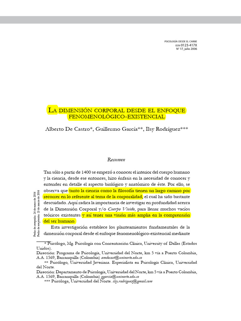 La Dimensión Corporal Desde El Enfoque Fenomenológico Existencial | PDF | Existencia | Sicología