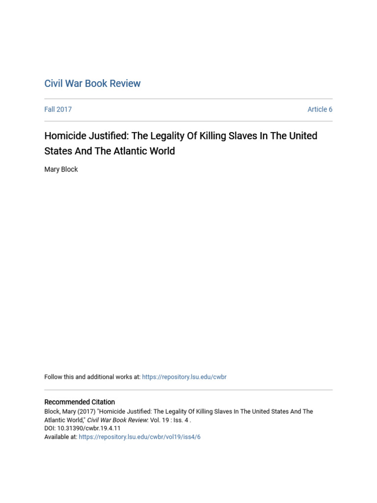Homicide Justified - The Legality of Killing Slaves in The United | PDF ...