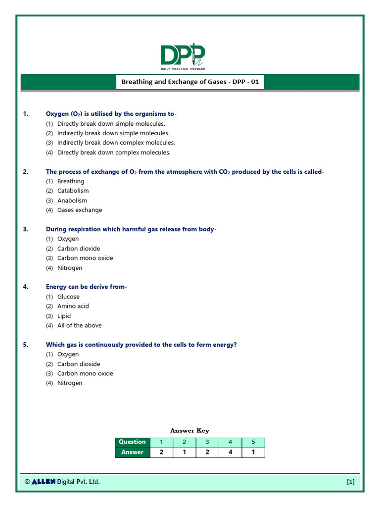 Breathing and Exchange of Gases - DPP - 01: Igital Vt. TD | PDF