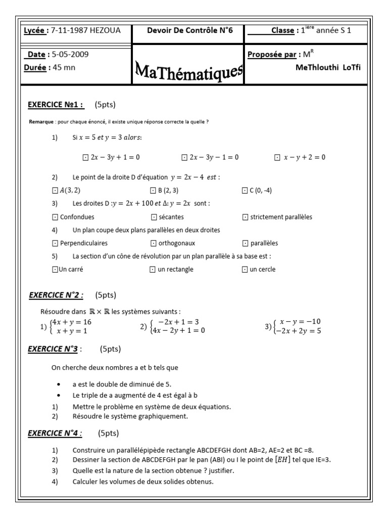 Devoir de Contrôle #6 - Math - 1ère AS (2008-2009) MR Mathlouthi Lotfi | PDF