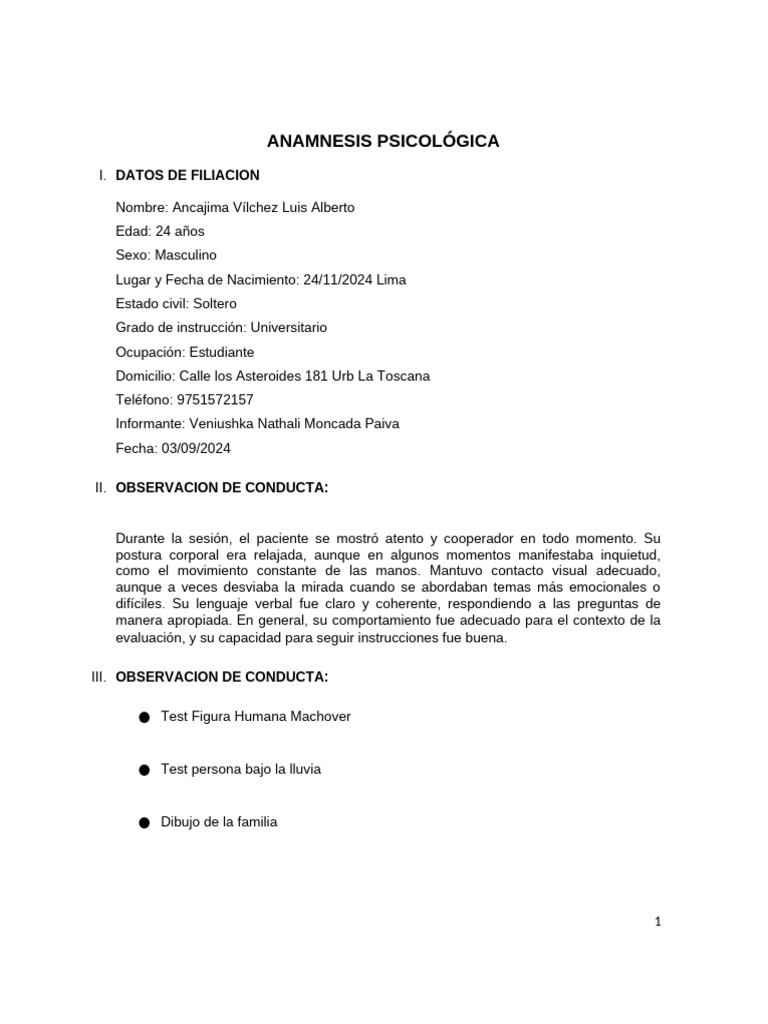 ANAMNESIS PSICOLÓGICA (Modelo) | PDF