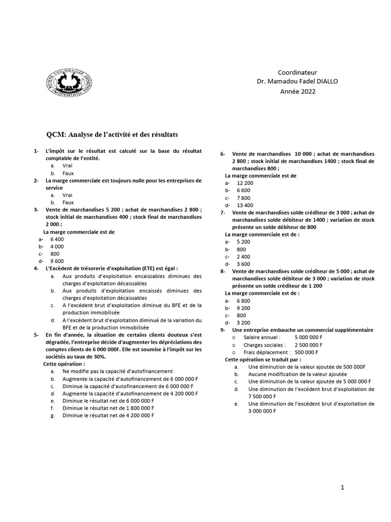 Fiche1 Analyse de L'activite Et Des Resultats | PDF