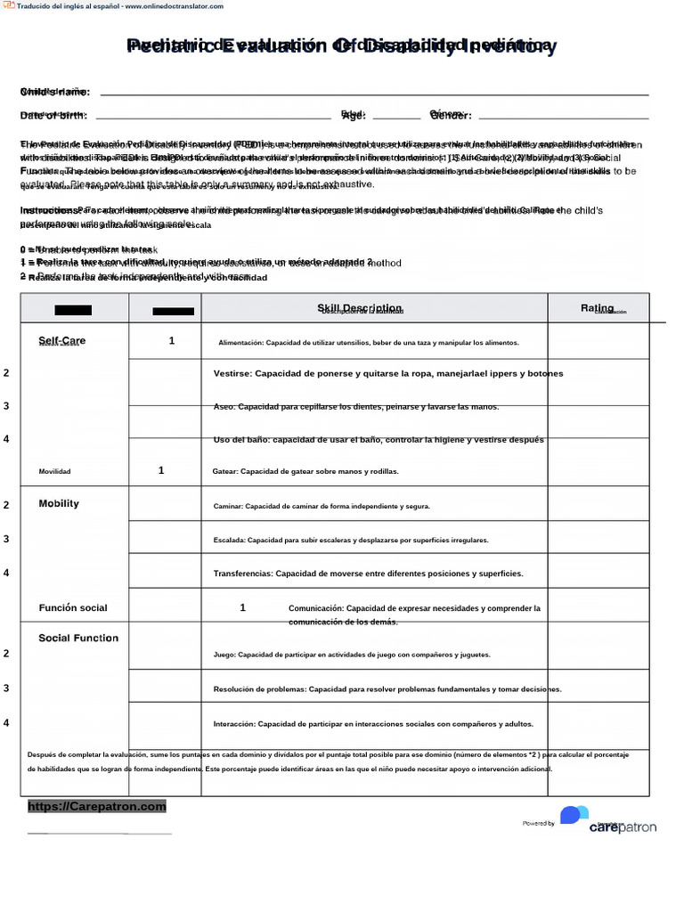 Pediatric-Evaluation-Of-Disability-Inventory (1) .En - Es | PDF