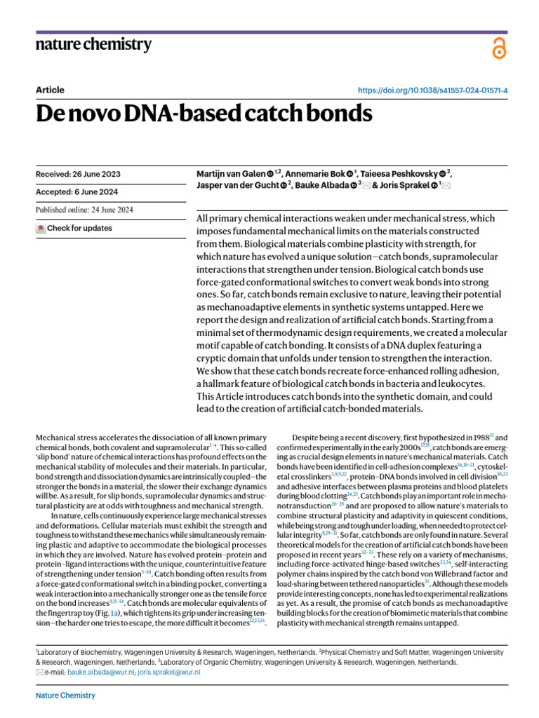 De Novo DNA-based Catch Bonds: Nature Chemistry | PDF