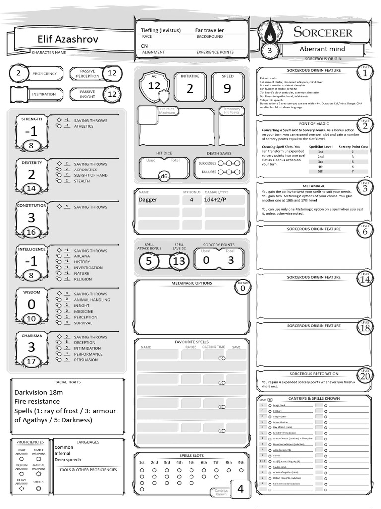 456029-Class Character Sheet Sorcerer V1.1 Fillable | PDF