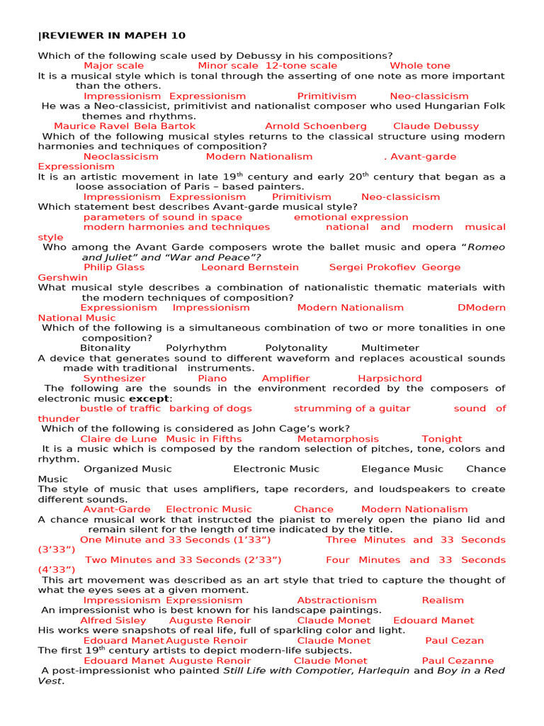 g10 Mapeh Reviewer | PDF