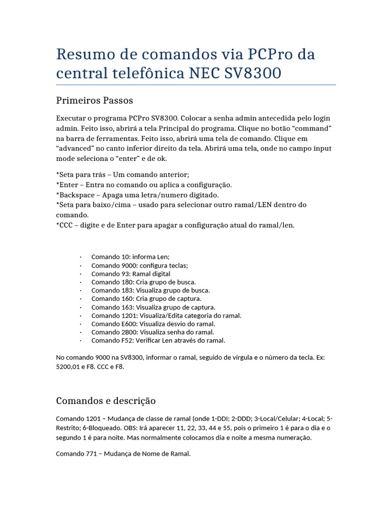 Resumo de comandos via PCPro da central telefônica NEC SV8300 | PDF Resumo de comandos via PCPro da central telefônica NEC SV8300 | PDF