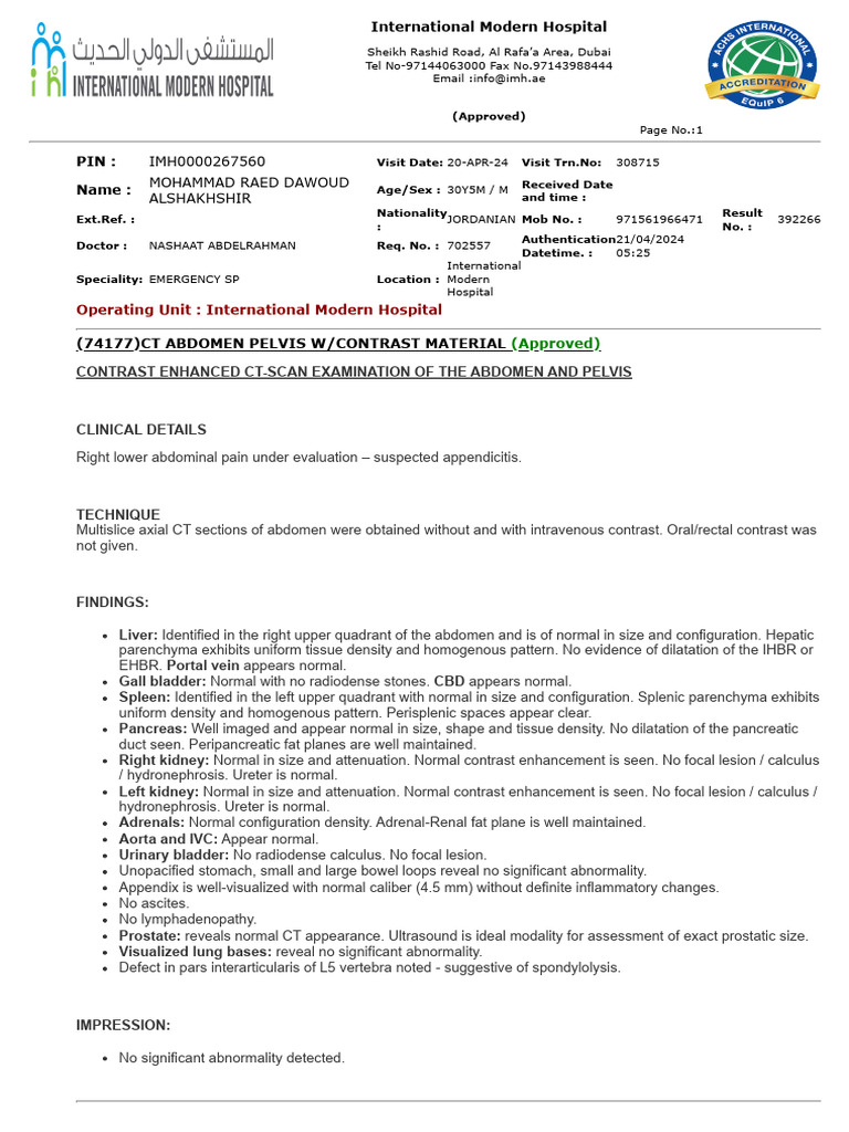 Mohammad Raed CT Scan Report | PDF