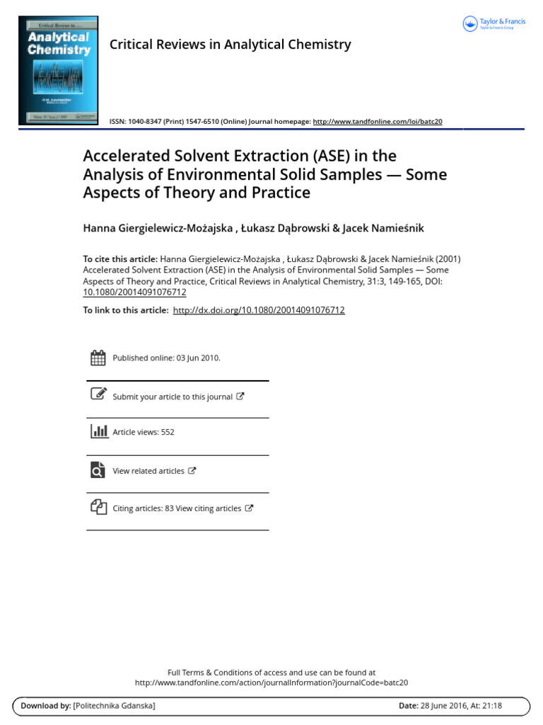 Accelerated Solvent Extraction (ASE) in The Analysis of Environmental ...