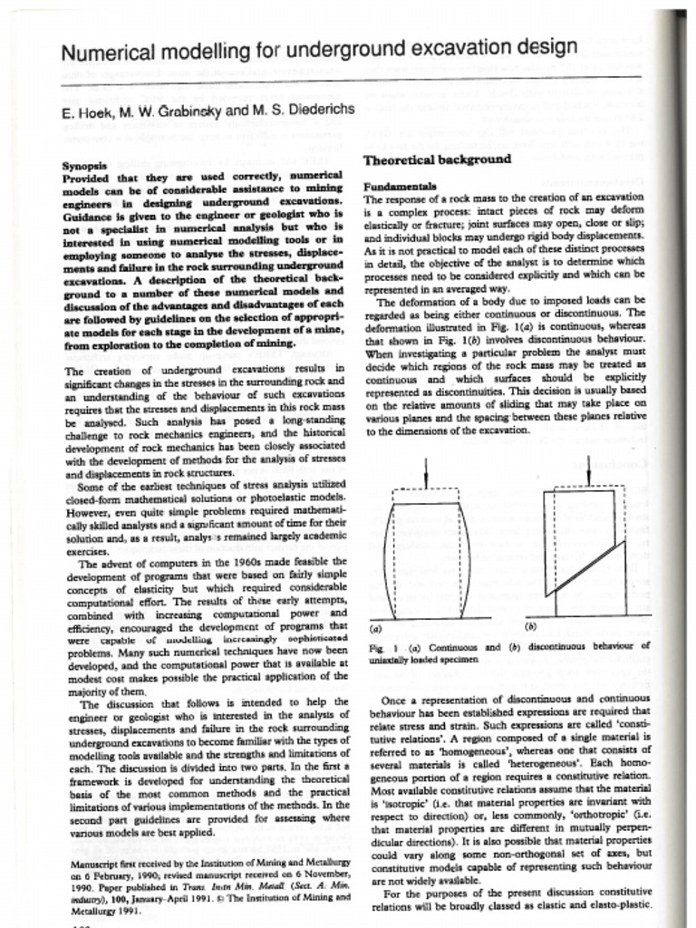 Hoek Et Al 1990 Numerical Modelling For Underground Excavation Design | PDF