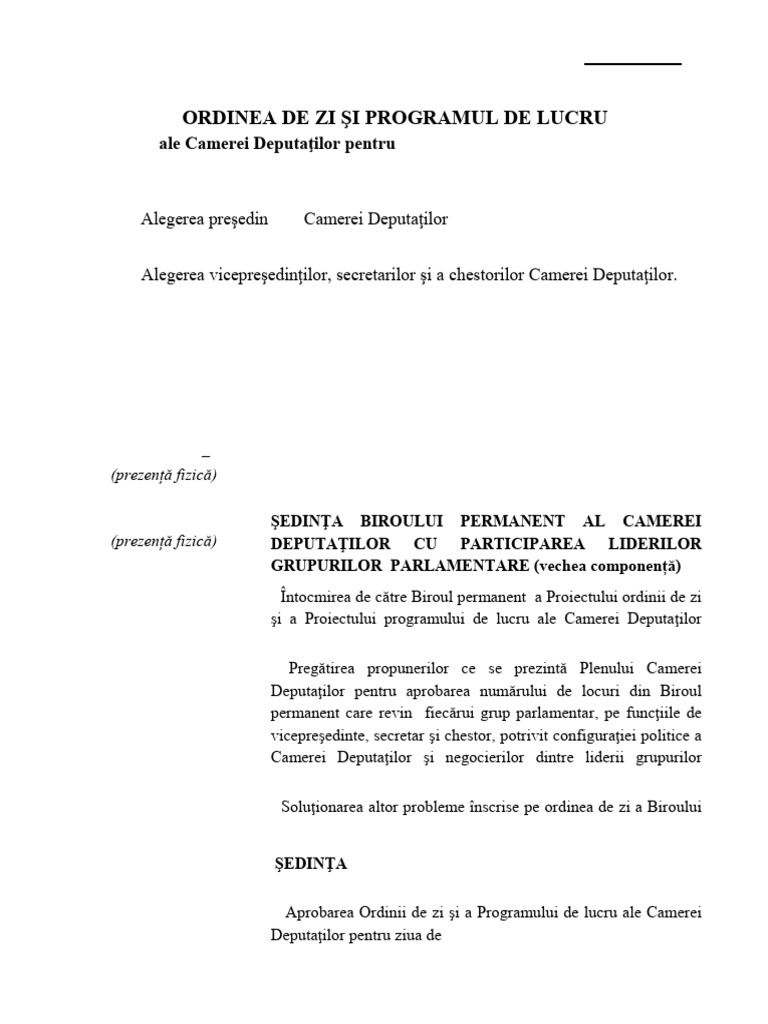 Ordinea de Zi Şi Programul de Lucru: - Alegerea Preşedintelui Camerei Deputaţilor | PDF