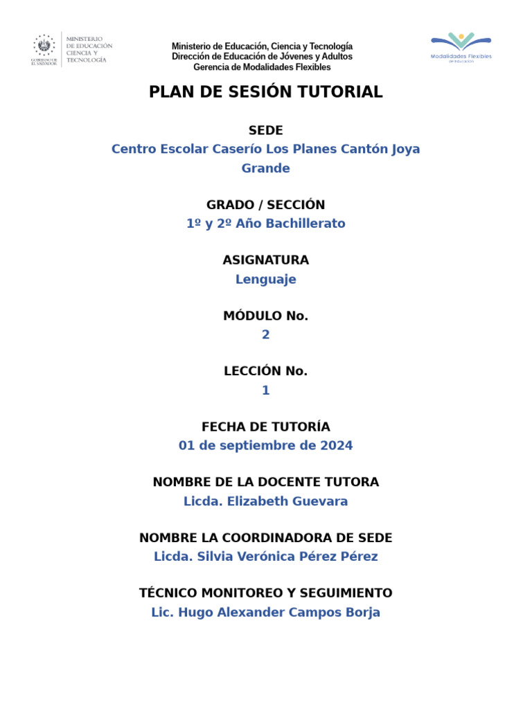 Lenguaje 2 Plan de Sesión Tutorial Bachillerato Integrado | PDF