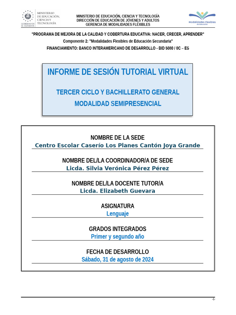 Lenguaje 1 Plan de Sesión Tutorial Bachillerato Integrado Virtual | PDF