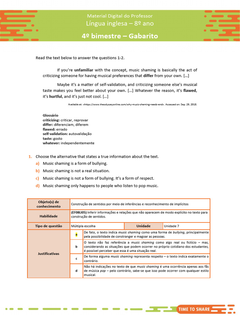 29 TIME ING 8ANO 4BIM Gabarito TRTART | PDF