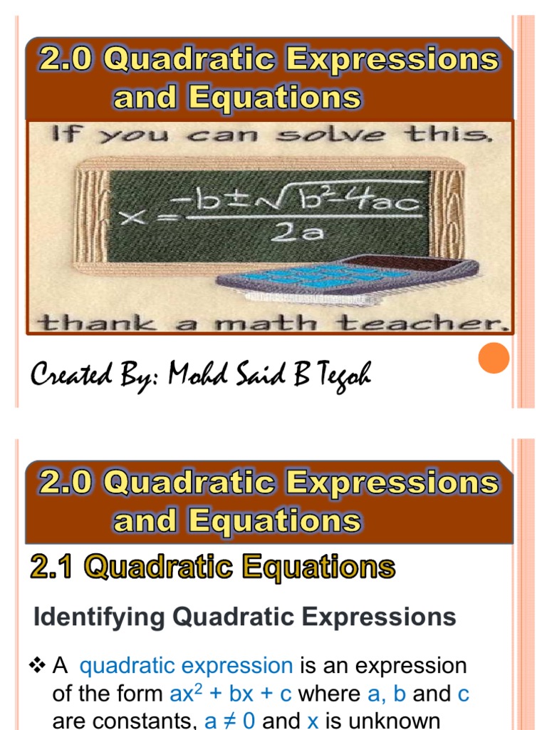 Chapter 2 Quadratic Expressions and Equations | PDF | Quadratic ...