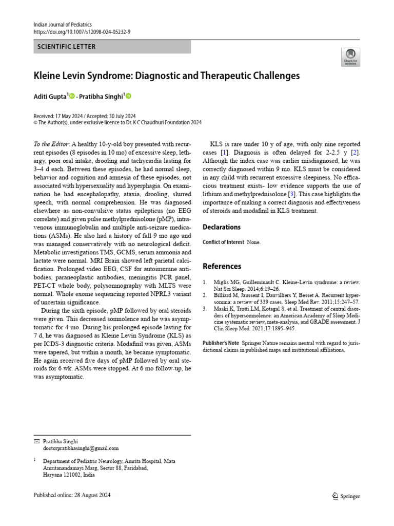 Kleine Levin Syndrome: Diagnostic and Therapeutic Challenges | PDF