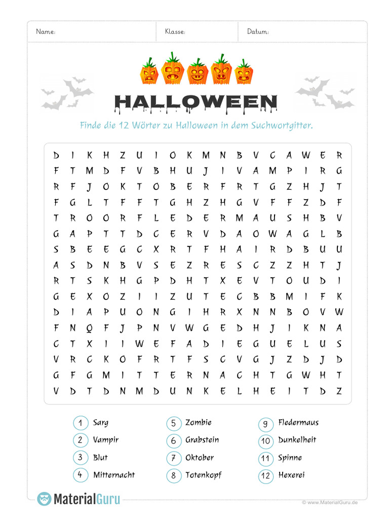 Arbeitsblatt Halloween Suchwortgitter | PDF