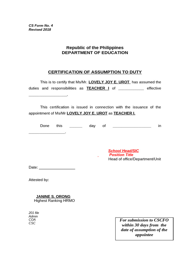 CS Form No. 4 Certification of Assumption To Duty | PDF