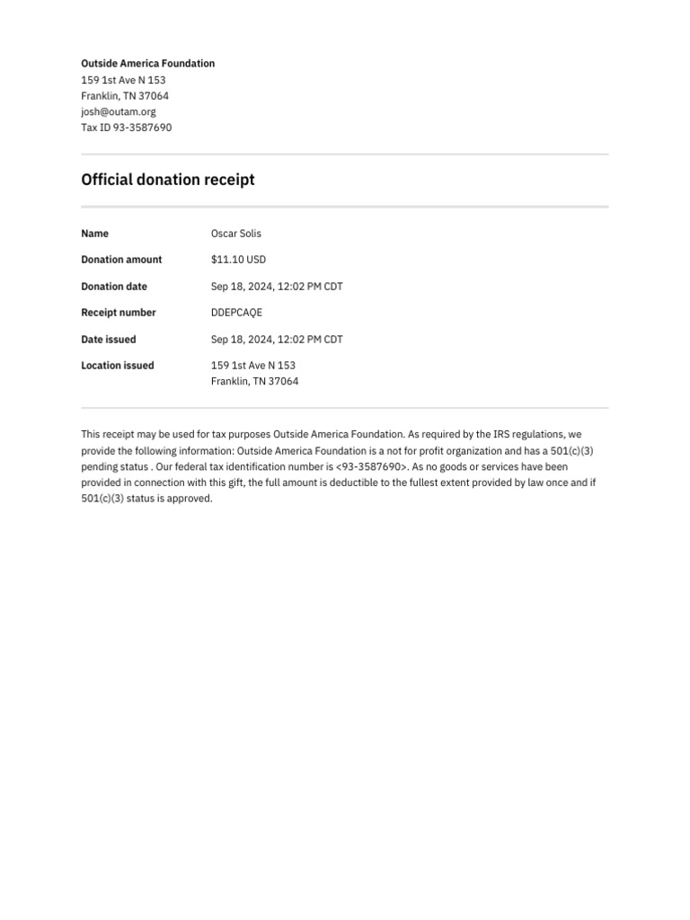 Outside America Foundation Receipt Sep 18, 2024 | PDF