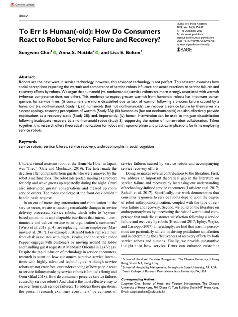 CHOI - MATTILA - BOLTON - 2021 - To Err Is Human (-Oid) - How Do Consumers React To Robot ...