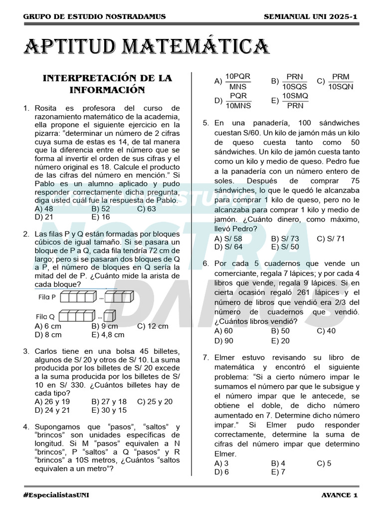 SAUB_2025_1_APTITUD_MATEMATICA_A1 | PDF