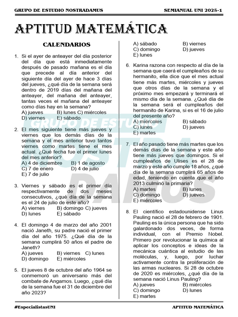 Saub 2025 1 Aptitud Matematica A6 | PDF