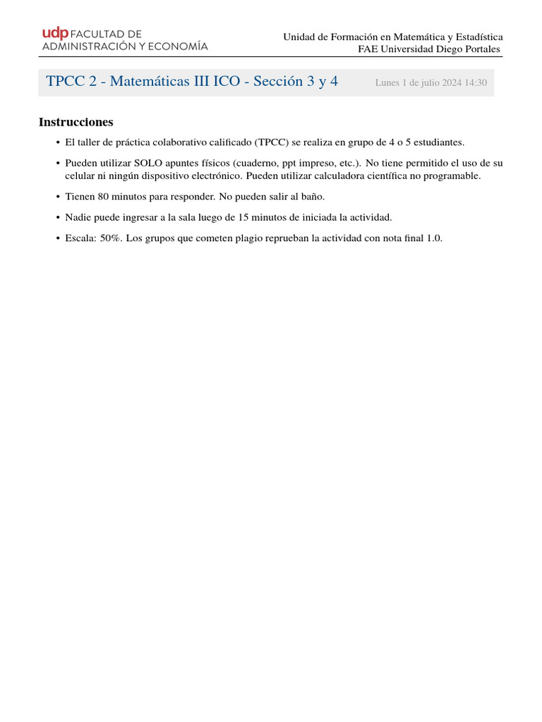 TPCC 2 - Matem Aticas III ICO - Secci On 3 y 4: Instrucciones | PDF