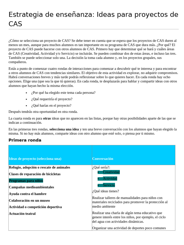 Estrategia còmo elegir un proyecto CAS | PDF