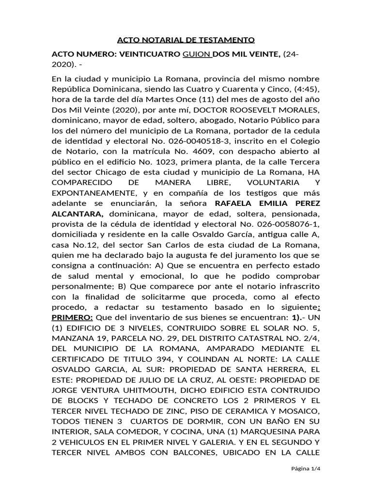Acto Notarial de Testamento - Rafaela Emilia Perez Alcantara | PDF ...